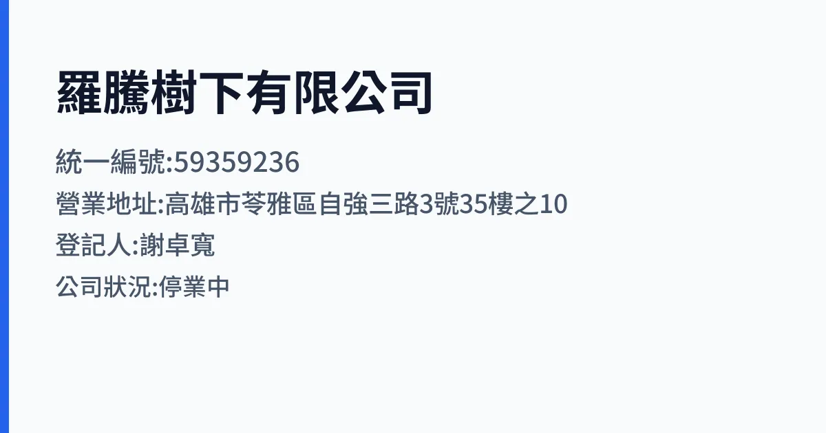 羅騰樹下有限公司 - 統編 59359236(高雄市) 公司登記資料與營業項目詳細圖表