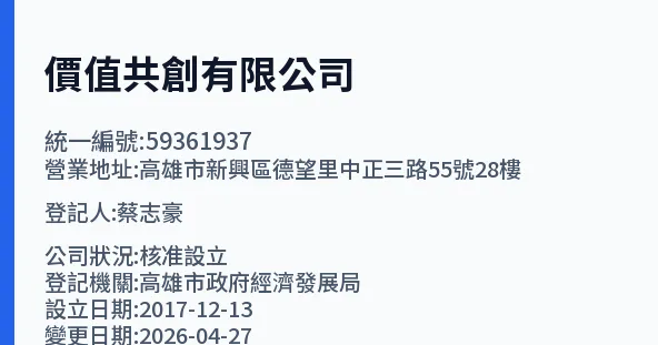 價值共創有限公司的照片-統編 59361937(高雄市) 公司登記資料與營業項目詳細圖表