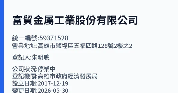 富貿金屬工業股份有限公司的照片-統編 59371528(高雄市) 公司登記資料與營業項目詳細圖表