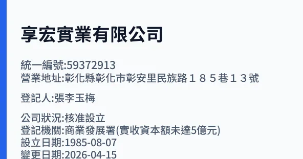 享宏實業有限公司的照片-統編 59372913(彰化縣) 公司登記資料與營業項目詳細圖表