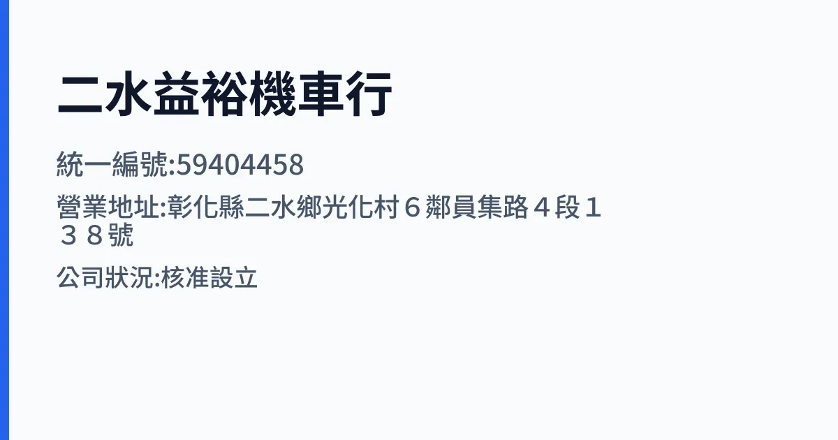 二水益裕機車行 - 統編 59404458(彰化縣) 公司登記資料與營業項目詳細圖表