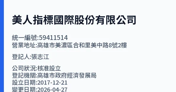美人指標國際股份有限公司的照片-統編 59411514(高雄市) 公司登記資料與營業項目詳細圖表
