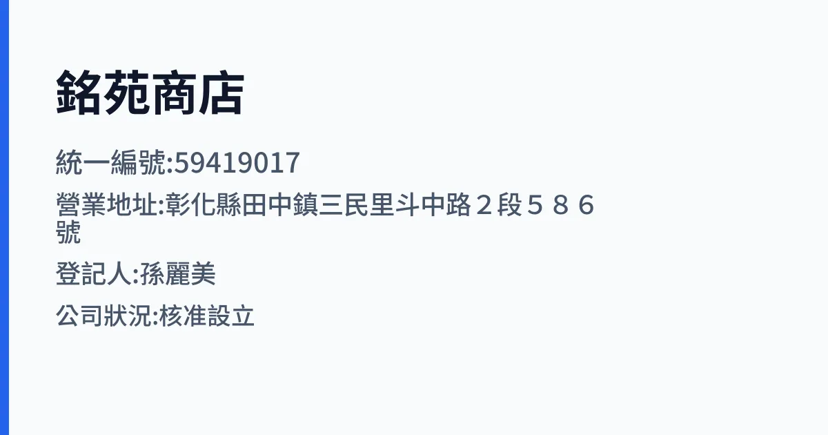 銘苑商店 - 統編 59419017(彰化縣) 公司登記資料與營業項目詳細圖表