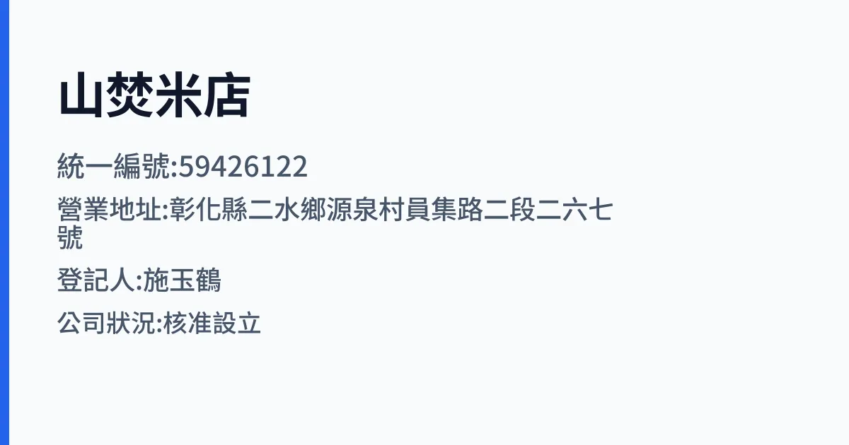 山焚米店 - 統編 59426122(彰化縣) 公司登記資料與營業項目詳細圖表