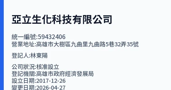 亞立生化科技有限公司的照片-統編 59432406(高雄市) 公司登記資料與營業項目詳細圖表