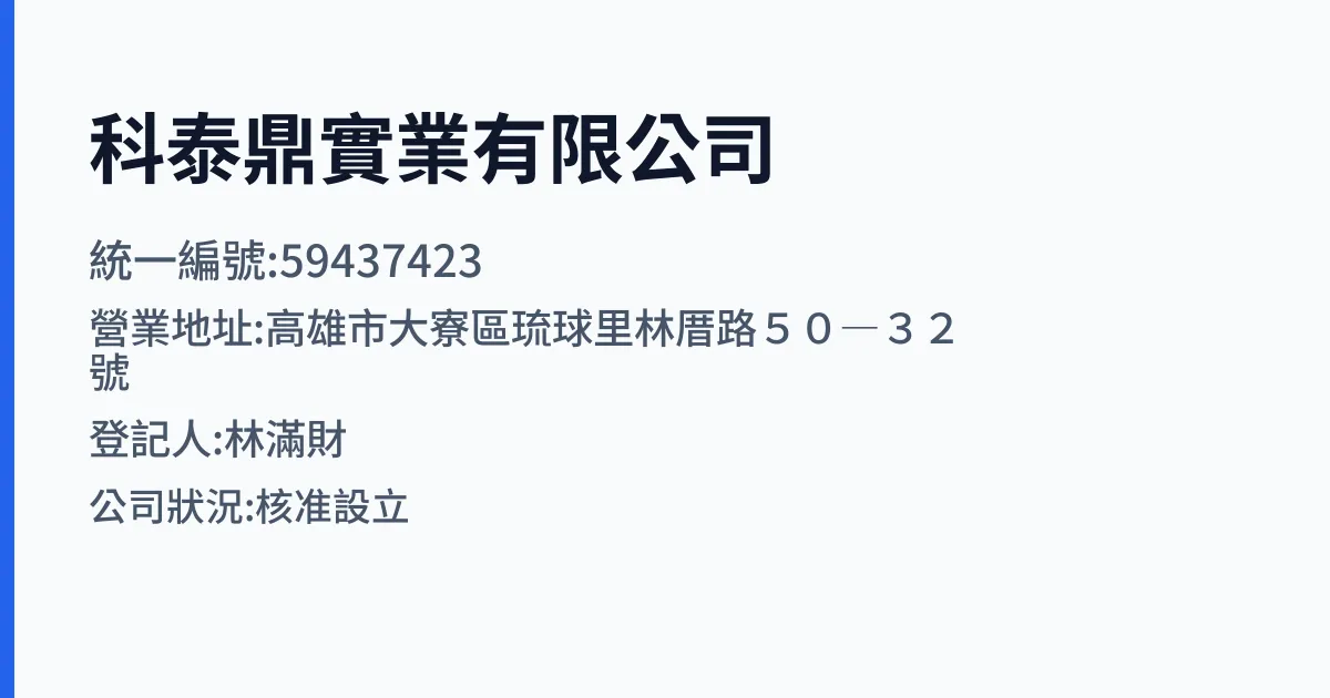 科泰鼎實業有限公司 - 統編 59437423(高雄市) 公司登記資料與營業項目詳細圖表