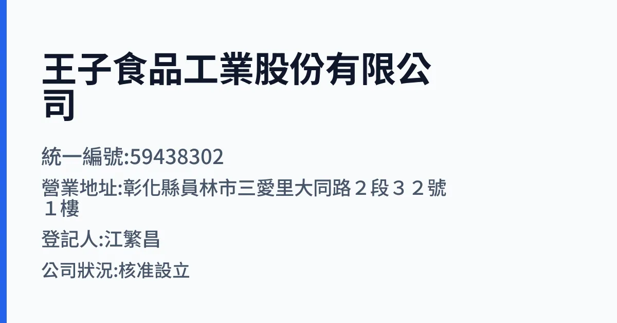王子食品工業股份有限公司 - 統編 59438302(彰化縣) 公司登記資料與營業項目詳細圖表