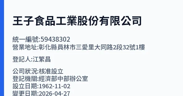 王子食品工業股份有限公司的照片-統編 59438302(彰化縣) 公司登記資料與營業項目詳細圖表