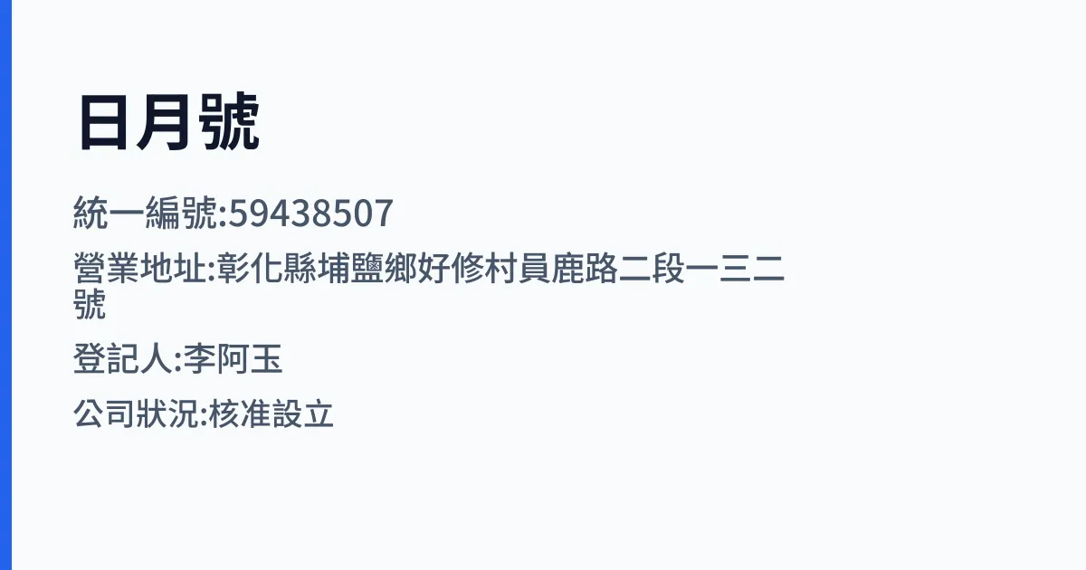 日月號 - 統編 59438507(彰化縣) 公司登記資料與營業項目詳細圖表
