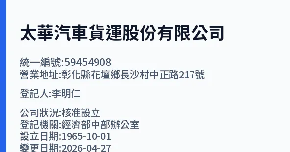 太華汽車貨運股份有限公司的照片-統編 59454908(彰化縣) 公司登記資料與營業項目詳細圖表