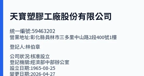 天寶塑膠工廠股份有限公司的照片-統編 59463202(彰化縣) 公司登記資料與營業項目詳細圖表