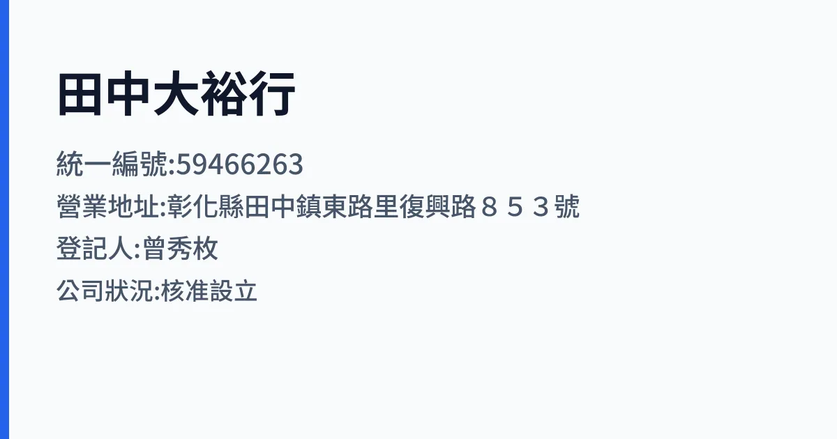 田中大裕行 - 統編 59466263(彰化縣) 公司登記資料與營業項目詳細圖表