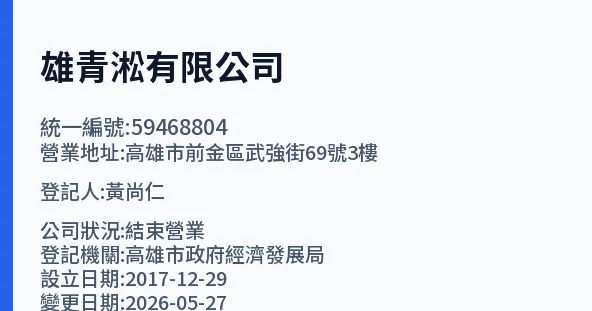 雄青淞有限公司的照片-統編 59468804(高雄市) 公司登記資料與營業項目詳細圖表