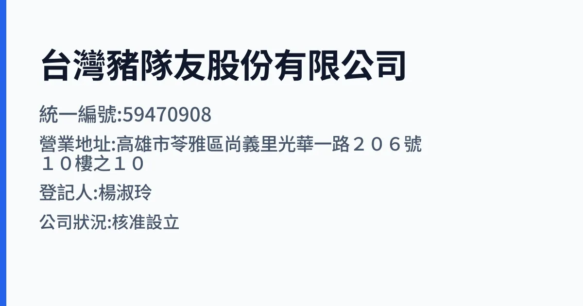 台灣豬隊友股份有限公司 - 統編 59470908(高雄市) 公司登記資料與營業項目詳細圖表