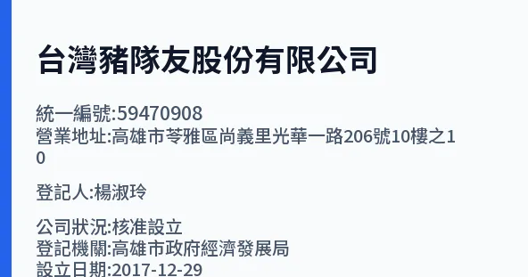 台灣豬隊友股份有限公司的照片-統編 59470908(高雄市) 公司登記資料與營業項目詳細圖表