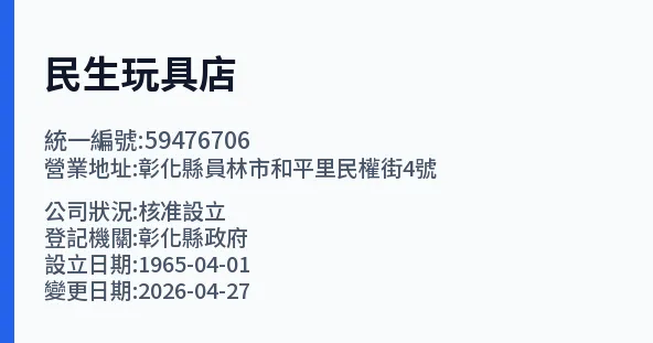 民生玩具店的照片-統編 59476706(彰化縣) 公司登記資料與營業項目詳細圖表