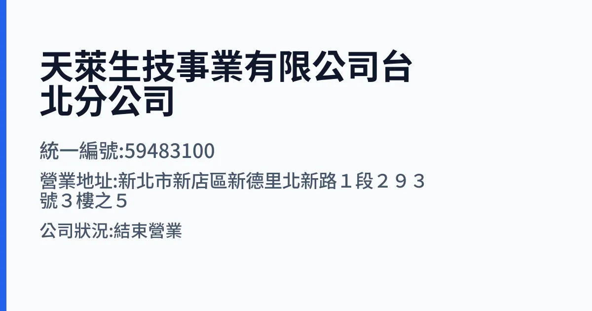 天萊生技事業有限公司台北分公司 - 統編 59483100(新北市) 公司登記資料與營業項目詳細圖表