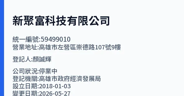 新聚富科技有限公司的照片-統編 59499010(高雄市) 公司登記資料與營業項目詳細圖表