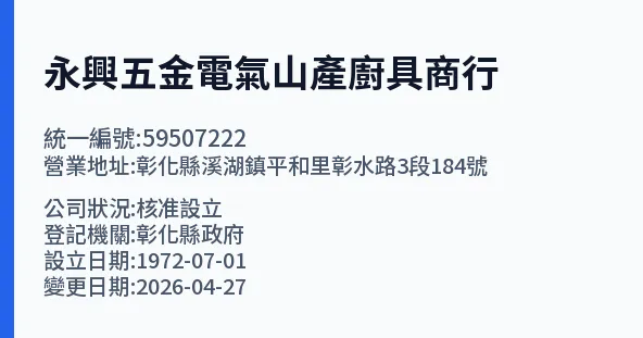 永興五金電氣山產廚具商行的照片-統編 59507222(彰化縣) 公司登記資料與營業項目詳細圖表
