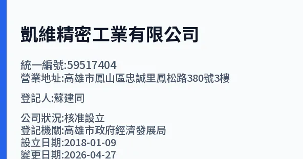 凱維精密工業有限公司的照片-統編 59517404(高雄市) 公司登記資料與營業項目詳細圖表