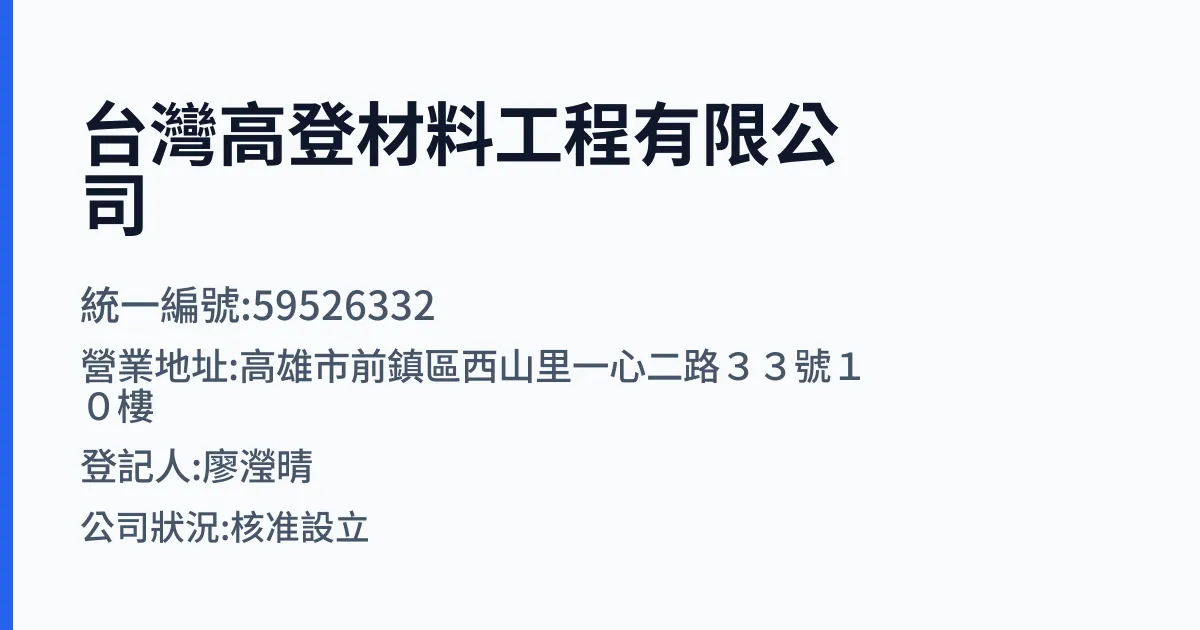 台灣高登材料工程有限公司 - 統編 59526332(高雄市) 公司登記資料與營業項目詳細圖表