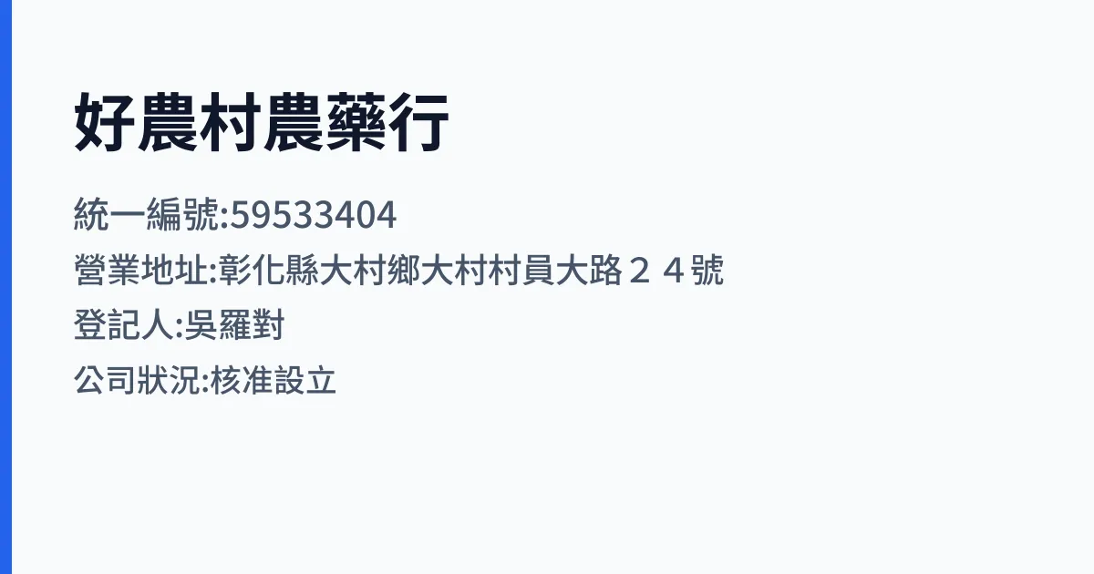 好農村農藥行 - 統編 59533404(彰化縣) 公司登記資料與營業項目詳細圖表