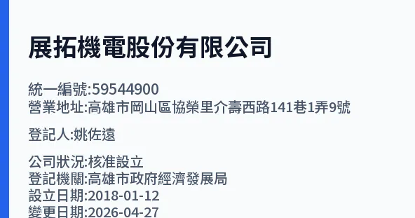 展拓機電股份有限公司的照片-統編 59544900(高雄市) 公司登記資料與營業項目詳細圖表