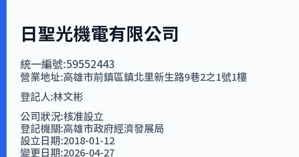 日聖光機電有限公司的照片-統編 59552443(高雄市) 公司登記資料與營業項目詳細圖表