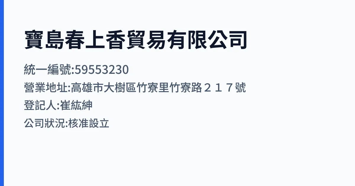寶島春上香貿易有限公司 - 統編 59553230(高雄市) 公司登記資料與營業項目詳細圖表