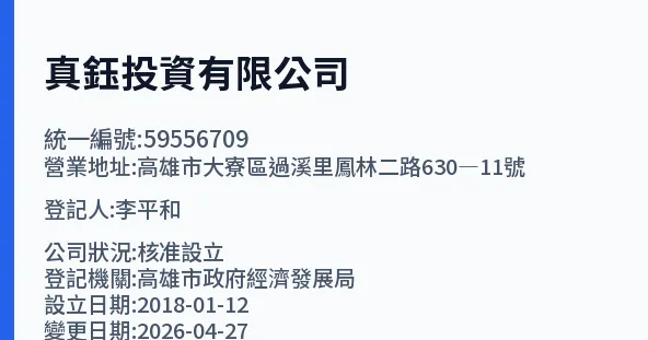 真鈺投資有限公司的照片-統編 59556709(高雄市) 公司登記資料與營業項目詳細圖表