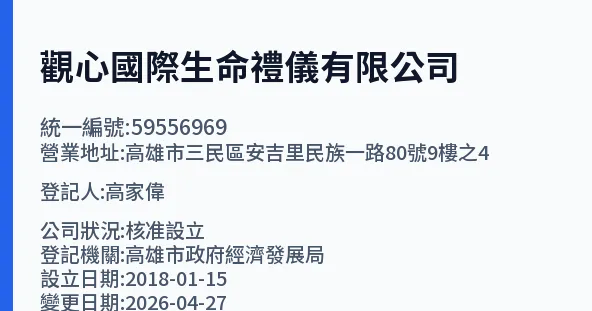 觀心國際生命禮儀有限公司的照片-統編 59556969(高雄市) 公司登記資料與營業項目詳細圖表