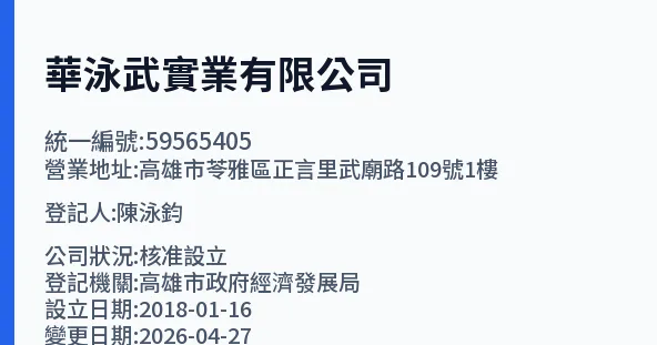 華泳武實業有限公司的照片-統編 59565405(高雄市) 公司登記資料與營業項目詳細圖表