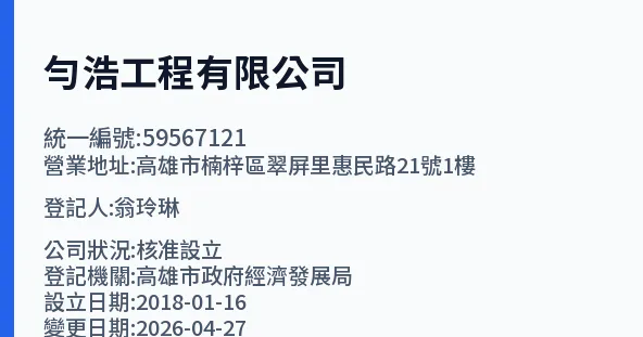 勻浩工程有限公司的照片-統編 59567121(高雄市) 公司登記資料與營業項目詳細圖表
