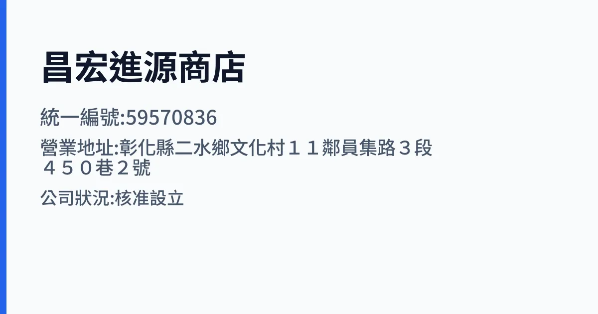 昌宏進源商店 - 統編 59570836(彰化縣) 公司登記資料與營業項目詳細圖表