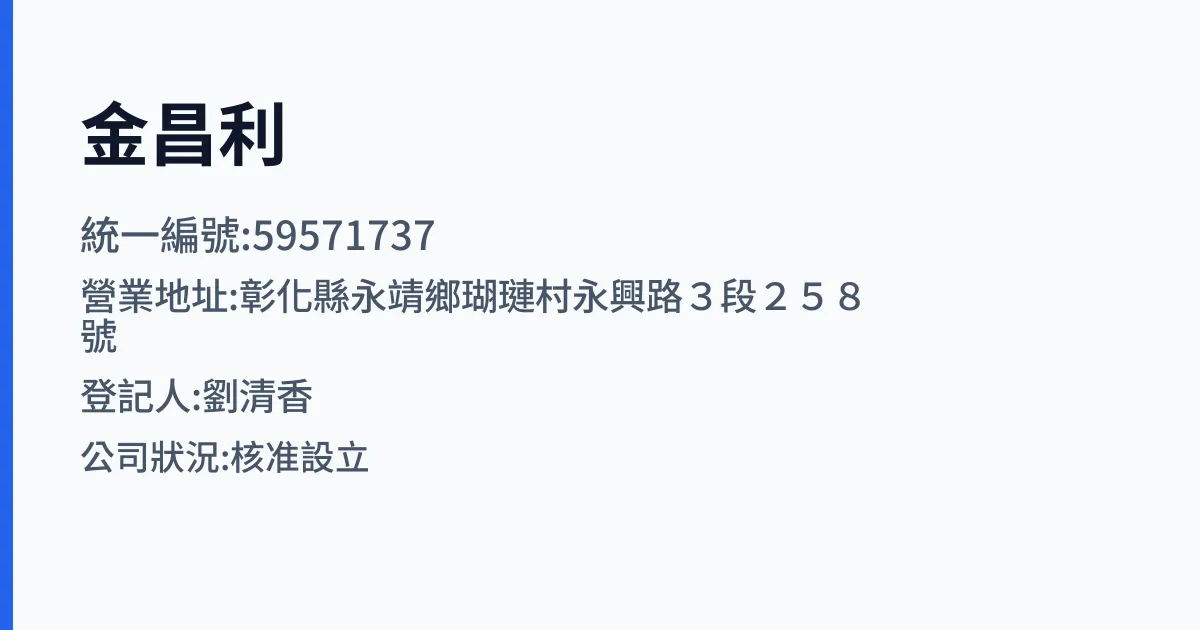 金昌利 - 統編 59571737(彰化縣) 公司登記資料與營業項目詳細圖表