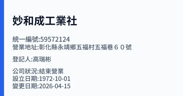 妙和成工業社的照片-統編 59572124(彰化縣) 公司登記資料與營業項目詳細圖表