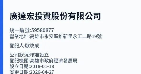 廣達宏投資股份有限公司的照片-統編 59580877(高雄市) 公司登記資料與營業項目詳細圖表