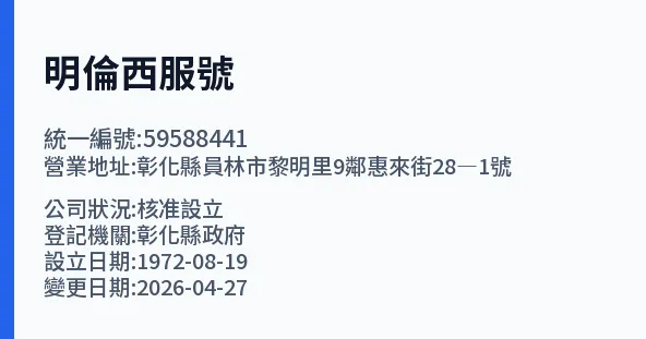 明倫西服號的照片-統編 59588441(彰化縣) 公司登記資料與營業項目詳細圖表