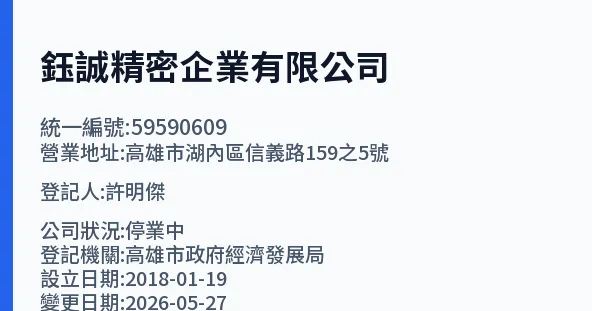 鈺誠精密企業有限公司的照片-統編 59590609(高雄市) 公司登記資料與營業項目詳細圖表