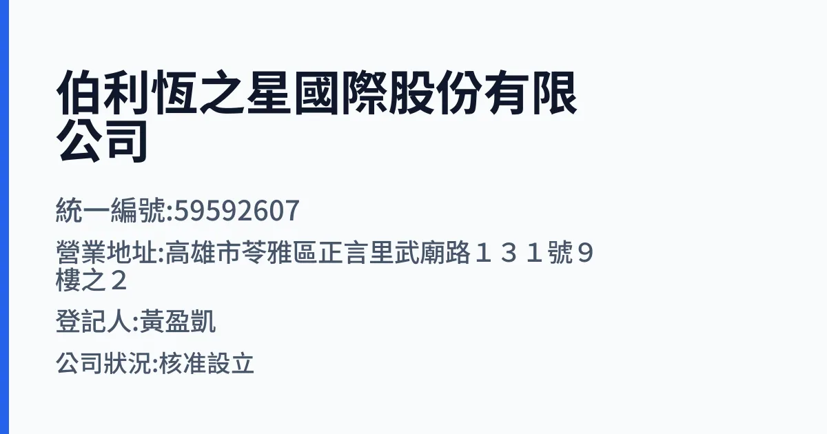 伯利恆之星國際股份有限公司 - 統編 59592607(高雄市) 公司登記資料與營業項目詳細圖表