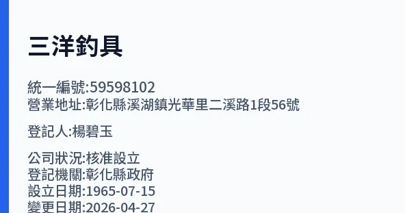 三洋釣具的照片-統編 59598102(彰化縣) 公司登記資料與營業項目詳細圖表