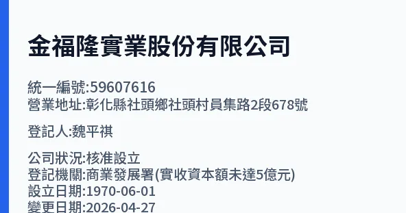 金福隆實業股份有限公司的照片-統編 59607616(彰化縣) 公司登記資料與營業項目詳細圖表