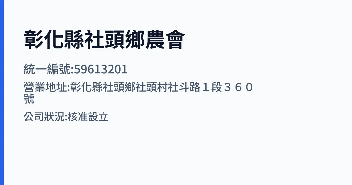 彰化縣社頭鄉農會 - 統編 59613201(彰化縣) 公司登記資料與營業項目詳細圖表