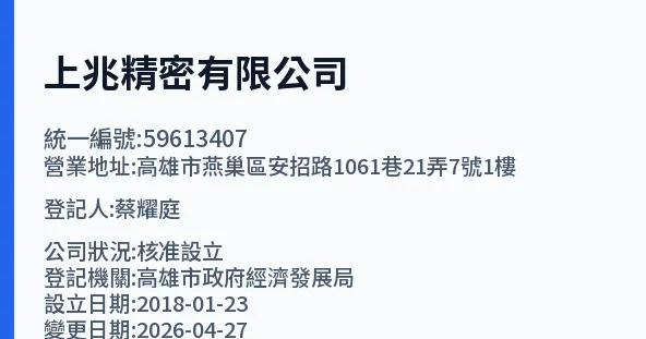 上兆精密有限公司的照片-統編 59613407(高雄市) 公司登記資料與營業項目詳細圖表