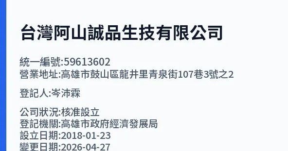 台灣阿山誠品生技有限公司的照片-統編 59613602(高雄市) 公司登記資料與營業項目詳細圖表