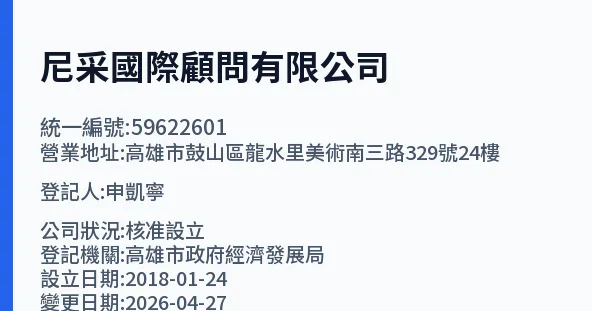 尼采國際顧問有限公司的照片-統編 59622601(高雄市) 公司登記資料與營業項目詳細圖表