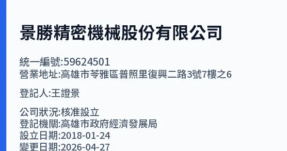 景勝精密機械股份有限公司的照片-統編 59624501(高雄市) 公司登記資料與營業項目詳細圖表