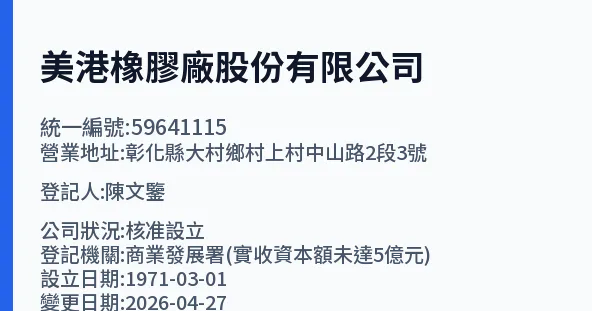 美港橡膠廠股份有限公司的照片-統編 59641115(彰化縣) 公司登記資料與營業項目詳細圖表