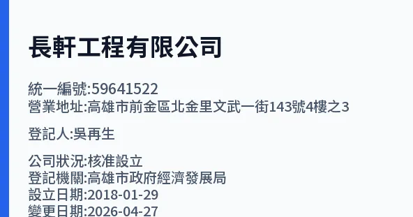 長軒工程有限公司的照片-統編 59641522(高雄市) 公司登記資料與營業項目詳細圖表