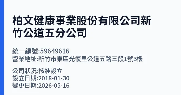 柏文健康事業股份有限公司新竹公道五分公司的照片-統編 59649616(新竹市) 公司登記資料與營業項目詳細圖表